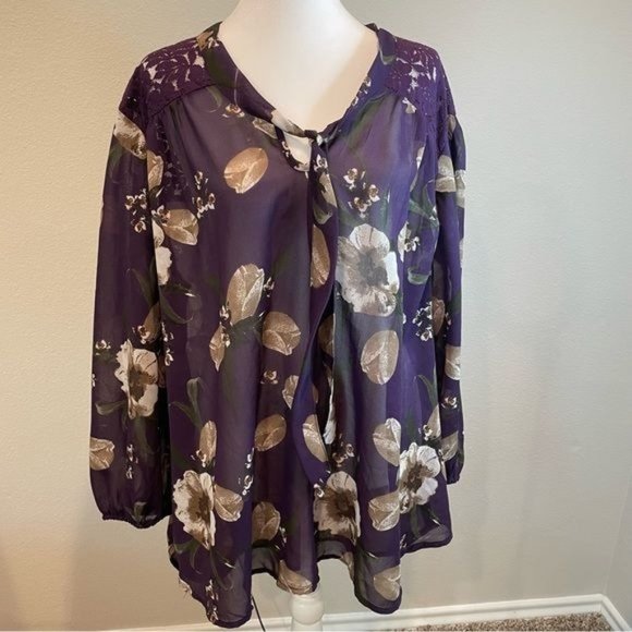 Truth | Tops | Truth Purple Floral Sheer Wlace Detail Blouse | Poshmark